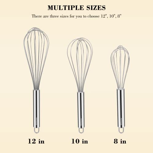 NileHome Stainless Steel Whisk Set 8" 10" 12" Kitchen Whisk Balloon Whisk Kitchen Wisk Wire Whisks for Cooking, Whisking, Blending, Beating, Stirring-3 Pack…