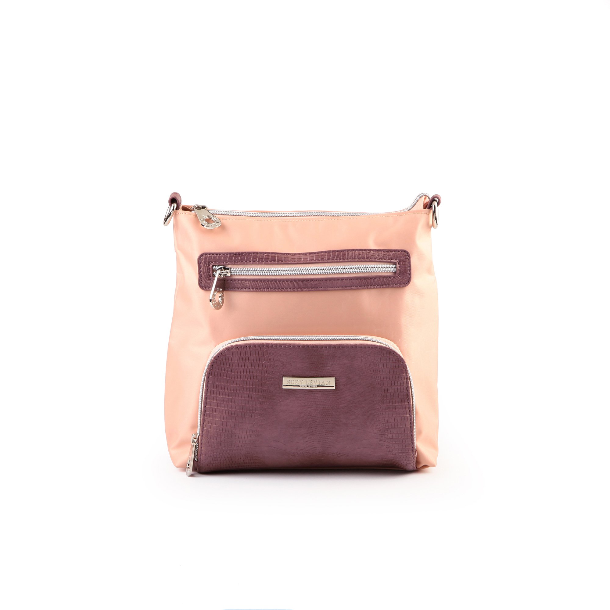 Suzy Levian Pink Nylon Faux Crocodile Front Pocket Crossbody Handbag