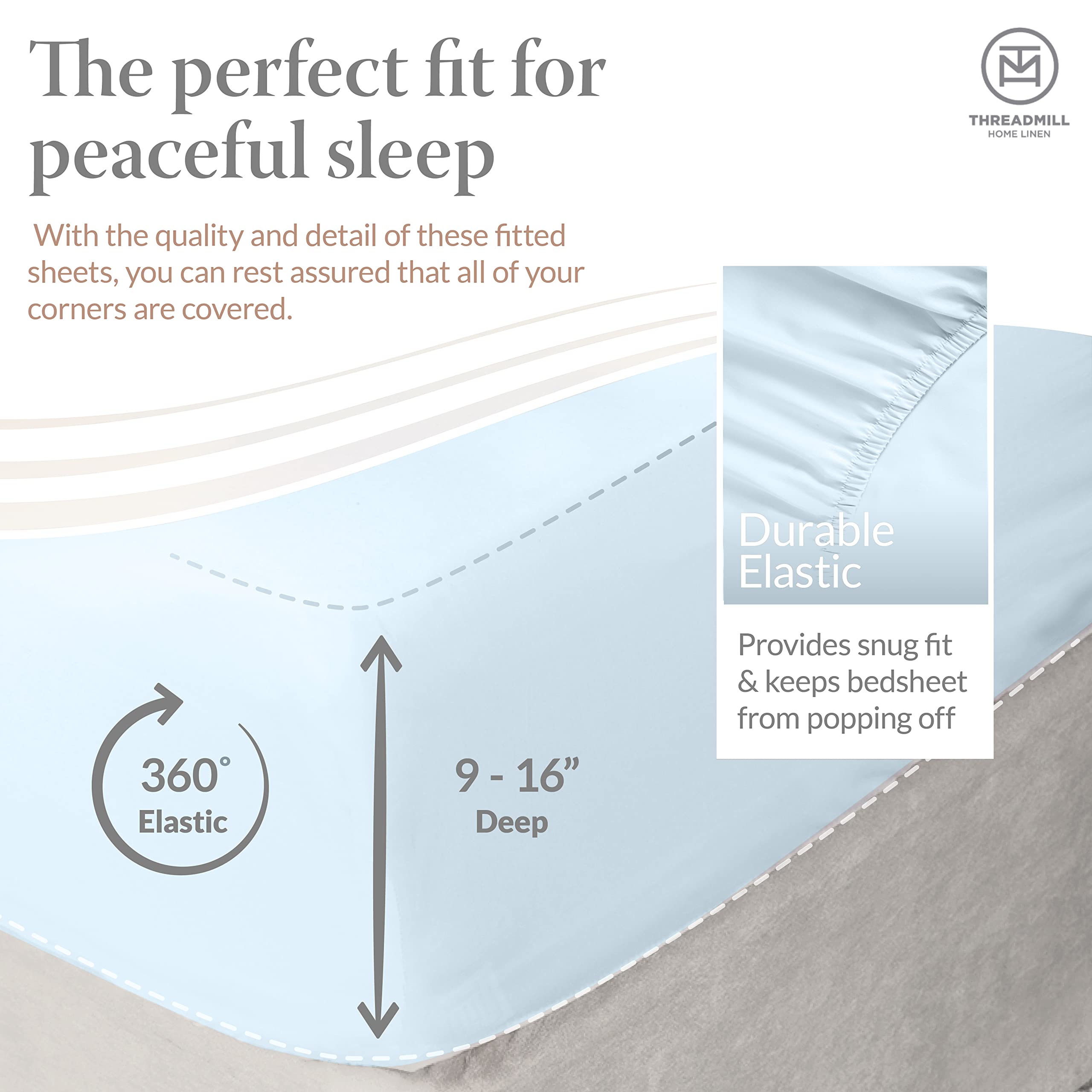 Threadmill Full Size Sheet Set | 100% Cotton Sheets | Solid Sateen Full Bed Sheets Set with 16' Elasticized Deep Pocket | Soft Breathable 4-Piece Cooling Sheet Set | Light Blue