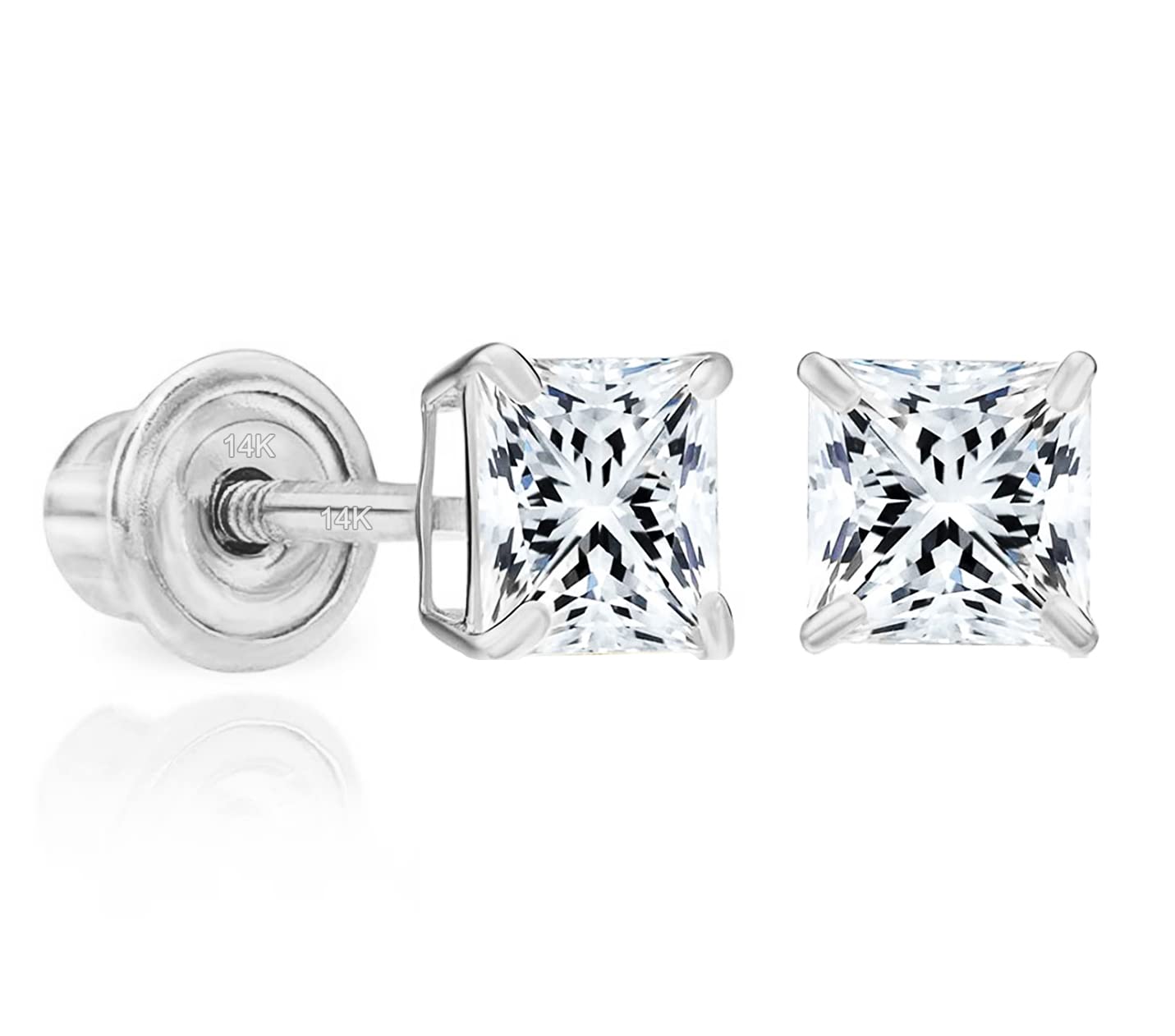 14k White Gold Solitaire Square Princess-cut CZ Stud Earrings with Comfort Screw-backs (3mm)