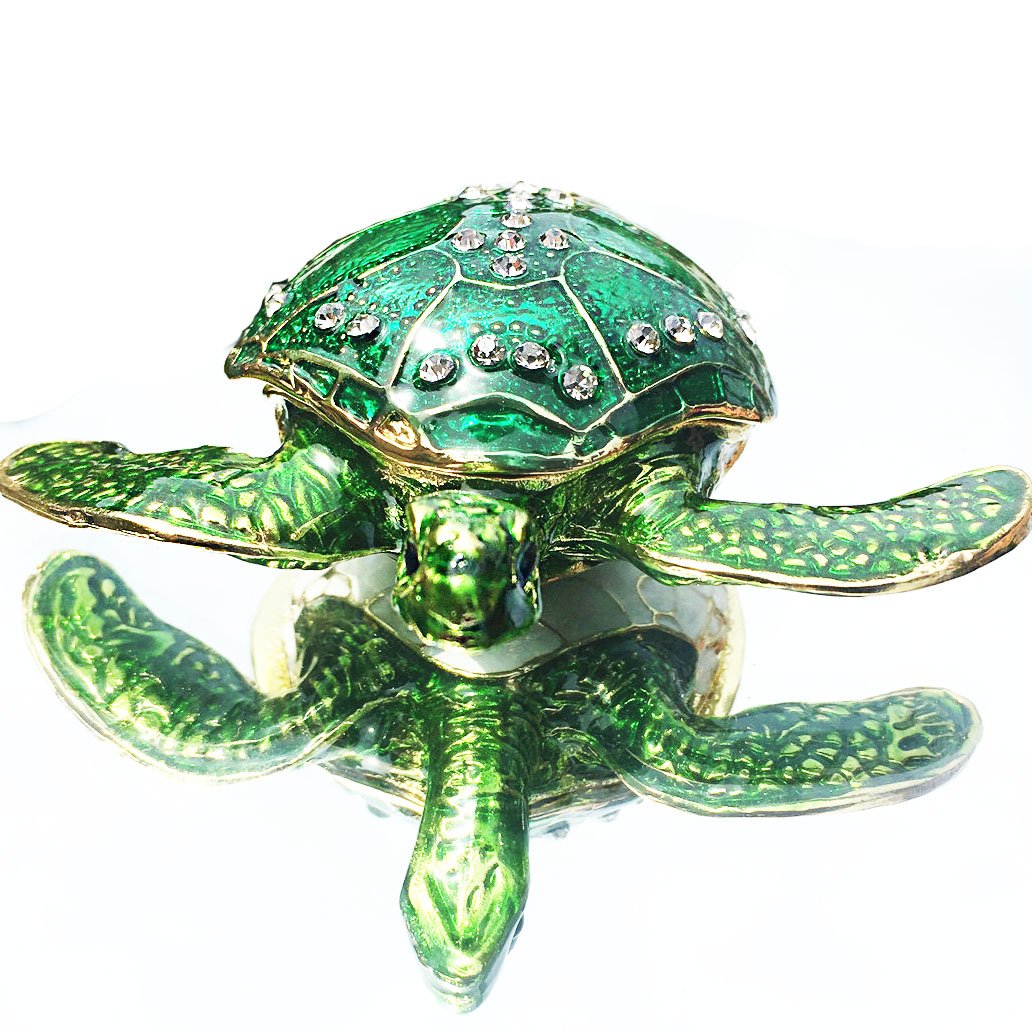 Waltz&F Sea Turtle Crystal Studded Pewter Jewelry Trinket Box Bejeweled Hand-painted Ring Holder Mother`s day Gift