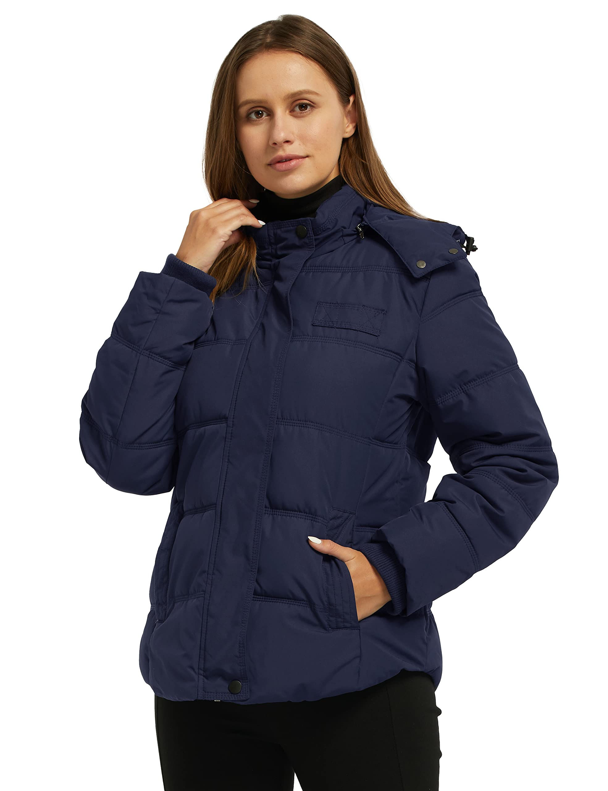 wantdo Women's Windproof Puffer Jackets Hooded Winter Coat Parka Jackets Navy XL