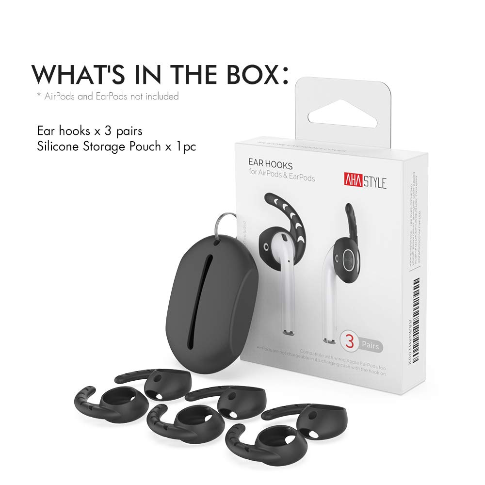 AhaStyle 3 Pairs AirPods Ear Hooks Cover Silicone Accessories Compatible with Apple AirPods and EarPods Headphones(Black)