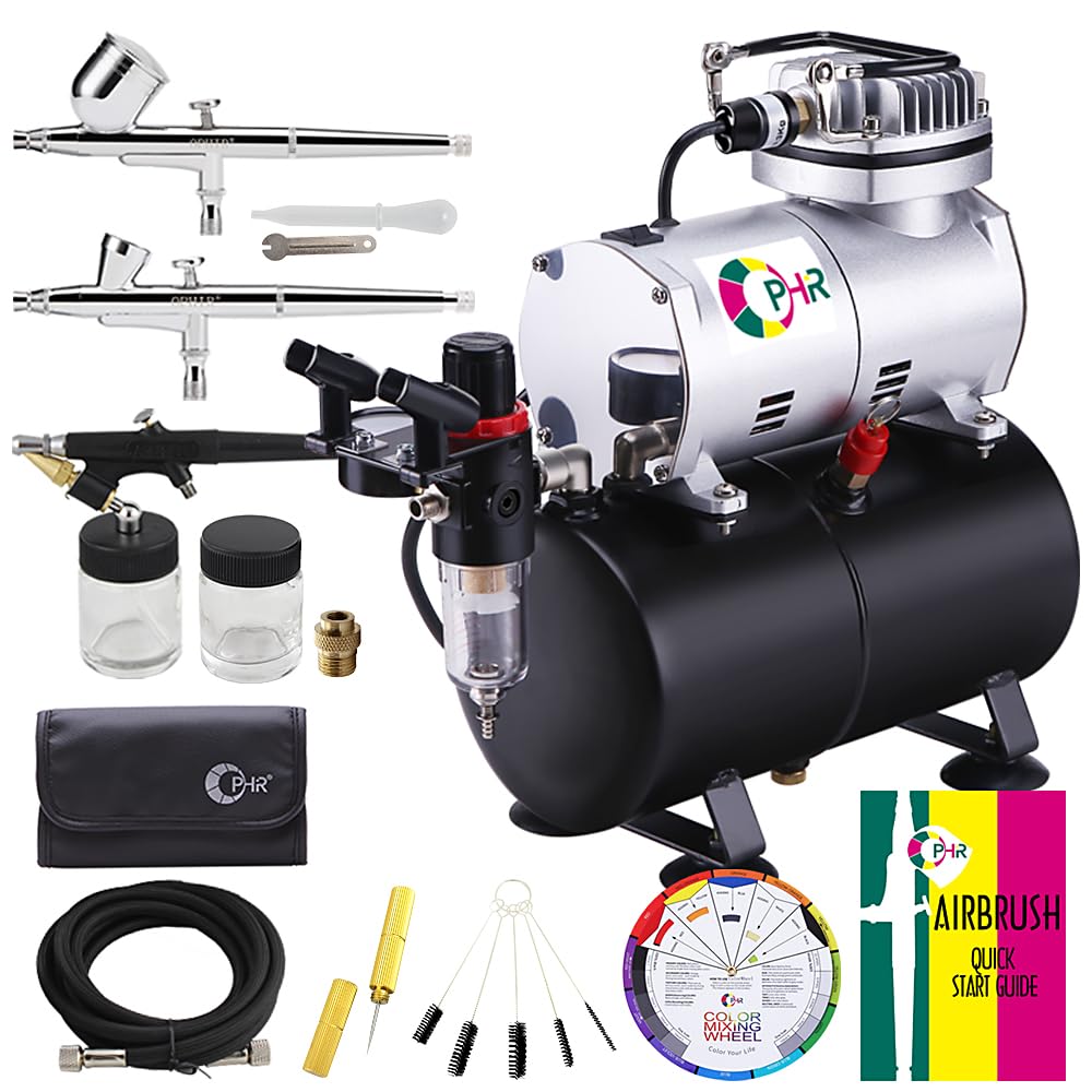 OPHIR 110V Pro Airbrush Kit Air Brush Compressor with Tank 0.2mm 0.3mm 0.8mm Airbrushes & Cleaning Kit for Model Hobby Painting Body Tattoo Airbrush Set,Color Wheel