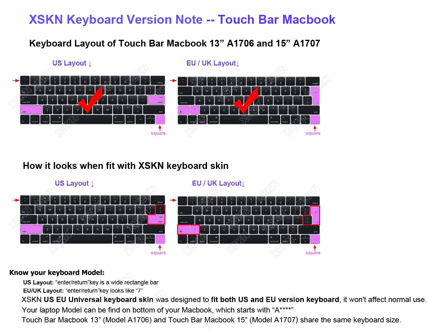 XSKN Spanish Language Silicone Keyboard Skin Cover for New MacBook Pro 13 (A2159 A1989 A1706) & for MacBook Pro 15 (A1990 A1707) Plus Touch Bar Sticker US EU Universal Layout (Black)