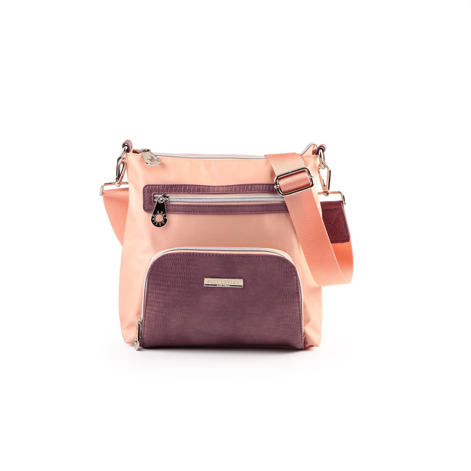 Suzy Levian Pink Nylon Faux Crocodile Front Pocket Crossbody Handbag