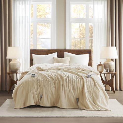 Woolrich Heated Plush to Berber Electric Blanket Throw Ultra Soft Knitted, Super Warm and Snuggly Cozy with Auto Shut Off and Multi Heat Level Setting Controllers, King: 100x90, Tan
