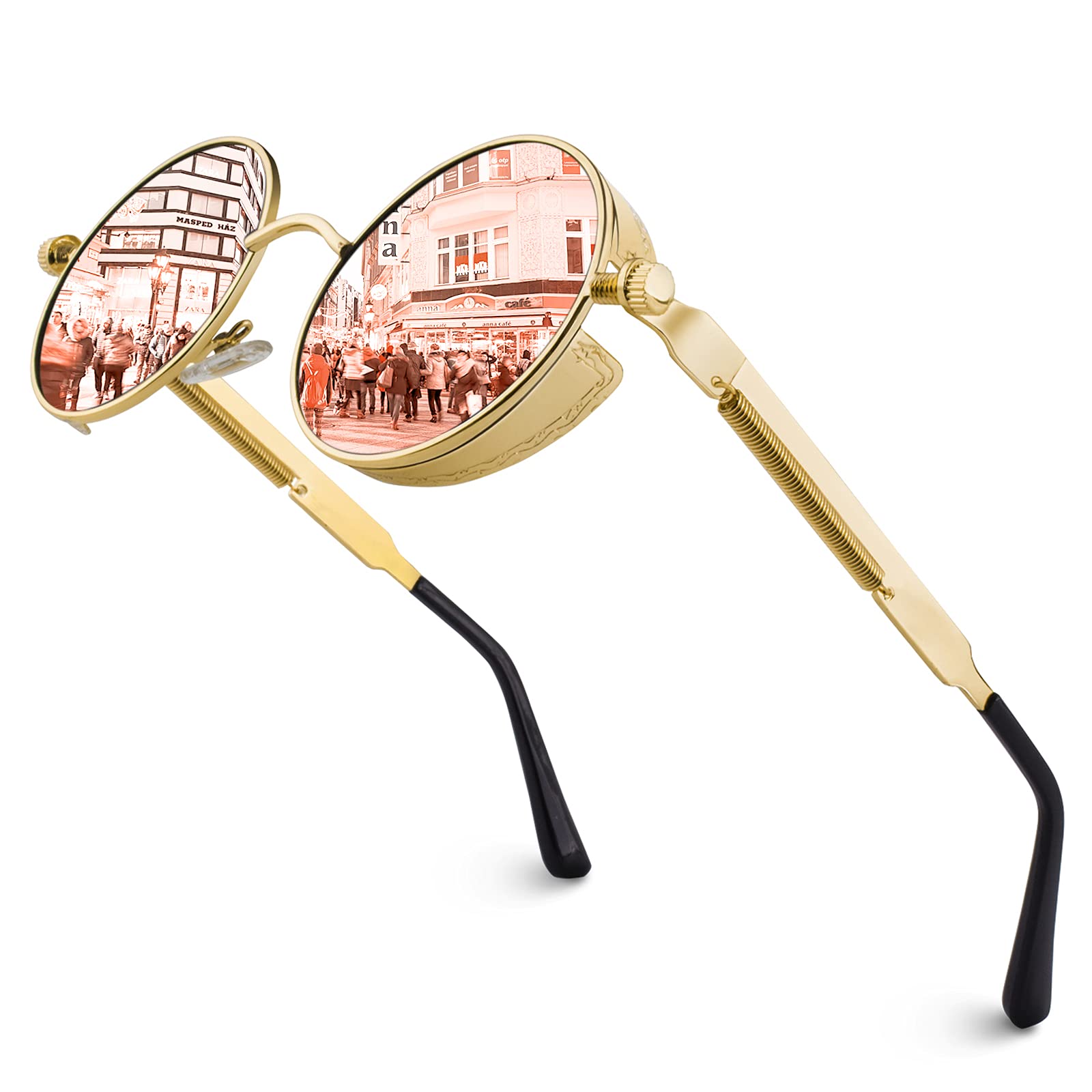 GQUEEN Retro Round Circle Steampunk Sunglasses for Women Men Polarized UV400 Protection,MTS2