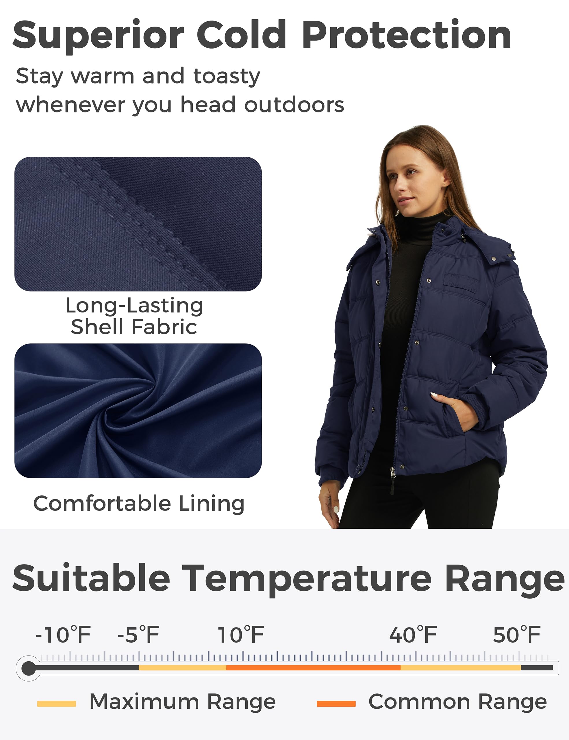 wantdo Women's Windproof Puffer Jackets Hooded Winter Coat Parka Jackets Navy XL
