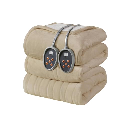 Woolrich Heated Plush to Berber Electric Blanket Throw Ultra Soft Knitted, Super Warm and Snuggly Cozy with Auto Shut Off and Multi Heat Level Setting Controllers, King: 100x90, Tan