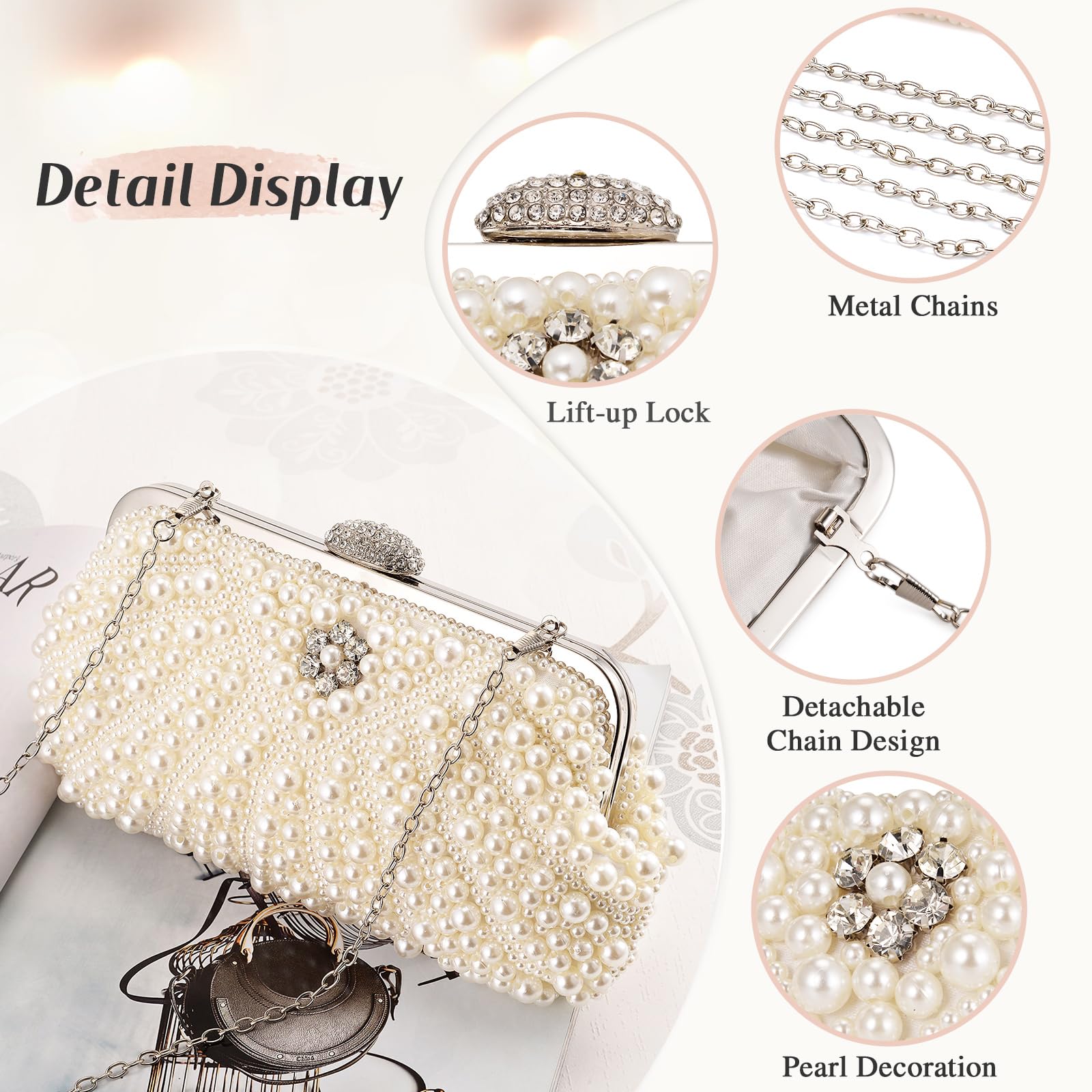 UBORSE Women Pearl Clutch Bag Noble Crystal Beaded Evening Bag Wedding Clutch with Pearl Chain (Cream-coloured)
