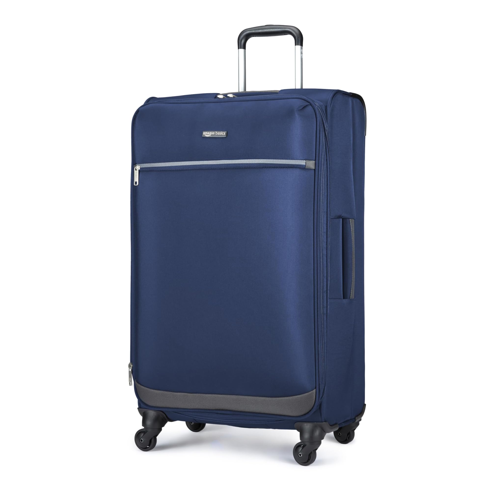 Amazon Basics Luggage, 30" Large Checked Softside Suitcase With Wheels With Four 360-Degree Multi-directional Spinner Wheels Expandable Space Zippered Pocket and Straps, Telescopic Handle, Navy Blue