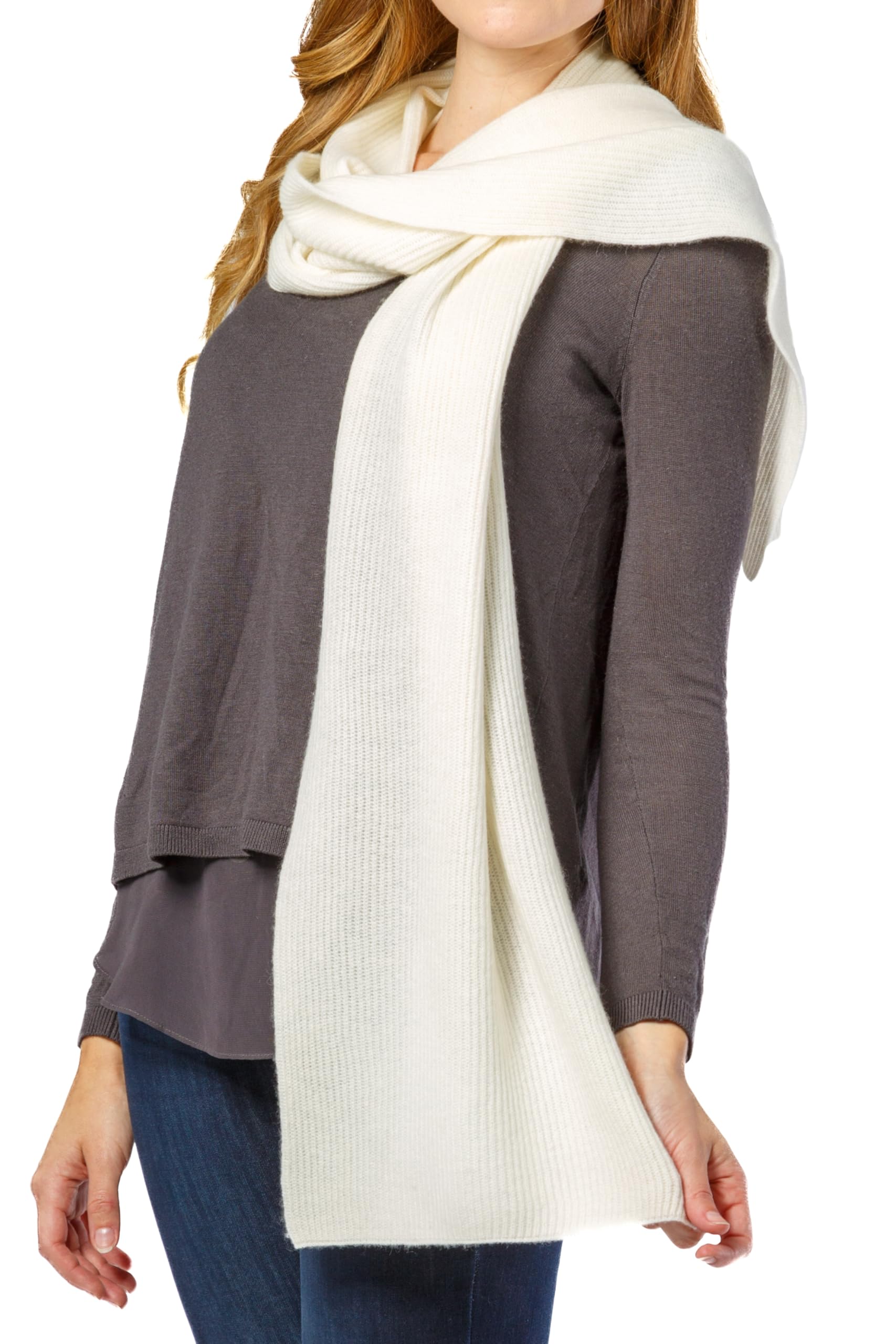 Fishers Finery Women's 100% Cashmere Ribbed Knit Scarf | Gift Box (Cream)