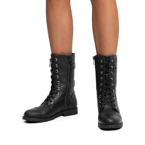 DREAM PAIRS Women's Combat Boots, Mid Calf Built-in Wallet Pocket Lace up Military Ankle Booties,Size 10,Black,TERRAN