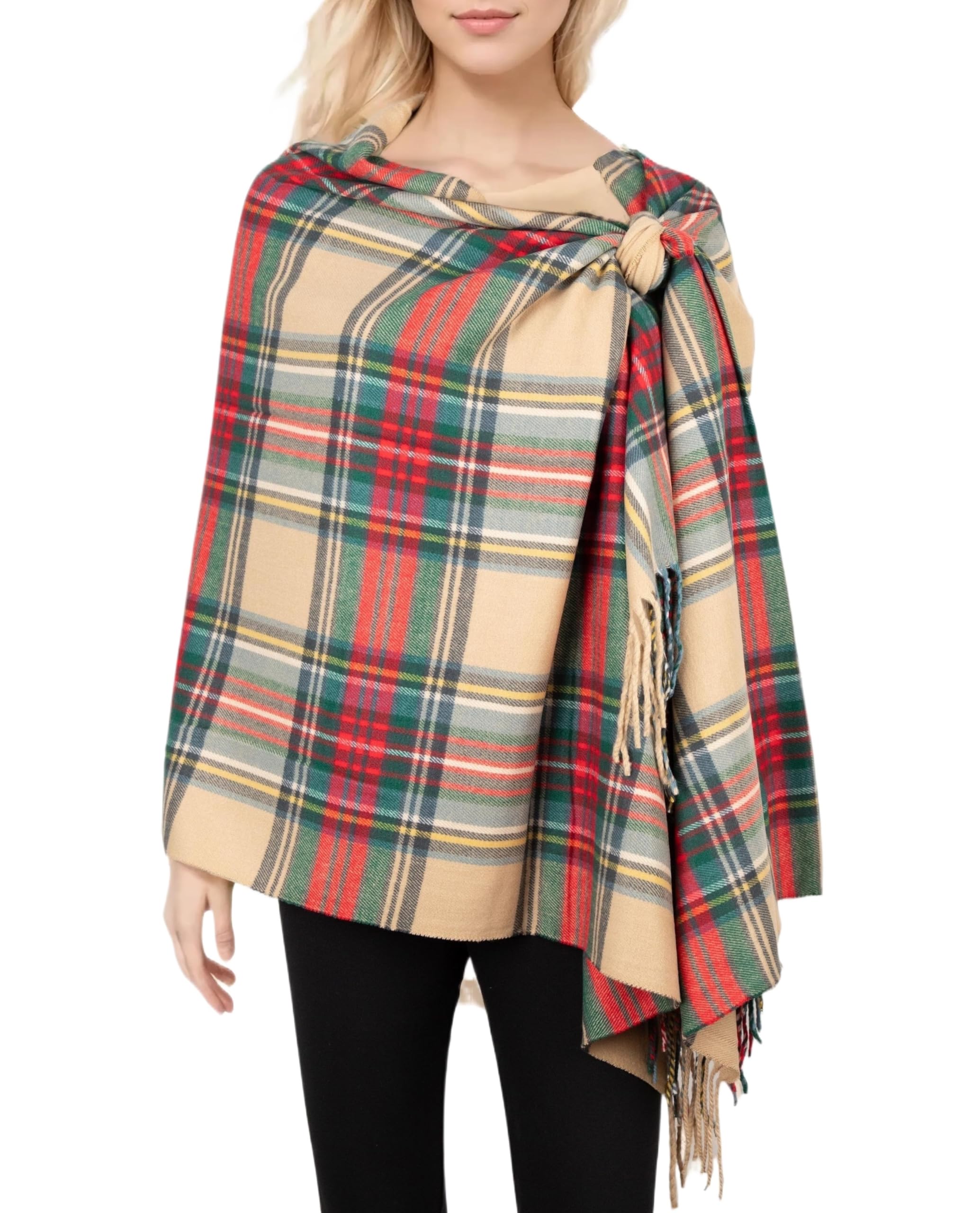 Achillea Long & Wide Scottish Tartan Plaid Large Cashmere Feel Blanket Scarf Check Shawl Wrap 80" x 29" (Khaki Tartan)