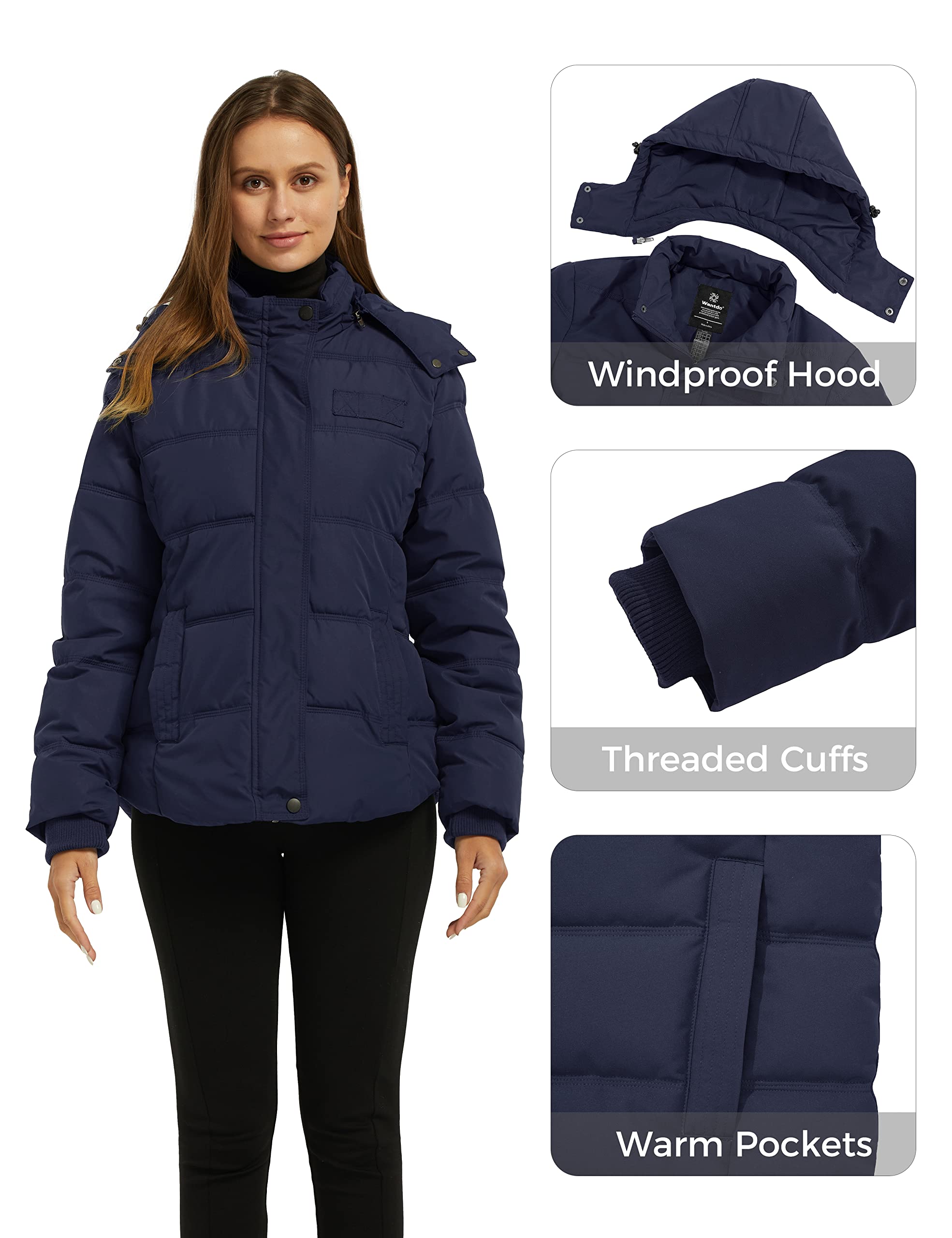 wantdo Women's Windproof Puffer Jackets Hooded Winter Coat Parka Jackets Navy XL