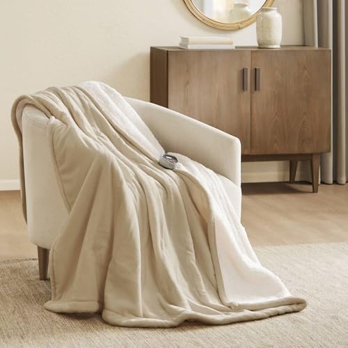 Woolrich Heated Plush to Berber Electric Blanket Throw Ultra Soft Knitted, Super Warm and Snuggly Cozy with Auto Shut Off and Multi Heat Level Setting Controllers, King: 100x90, Tan
