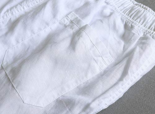 Youhan Men's Fitted Elastic Waistband Cotton Linen Pants with Drawstring (Medium, White)