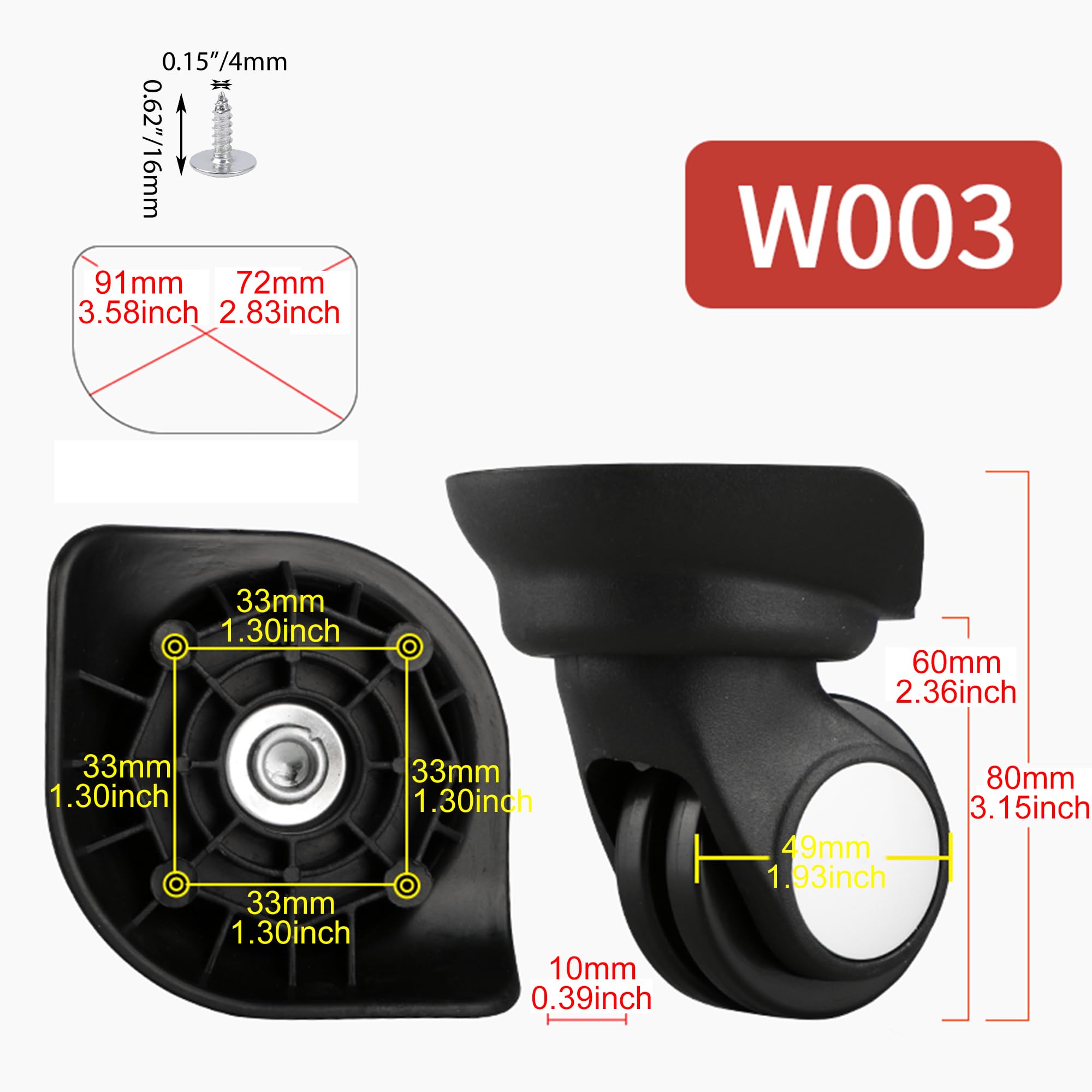 RDEXP Black 9.5x9.2x5cm Left & Right Luggage Wheels with 8 Screws DIY Replacement Set of 2