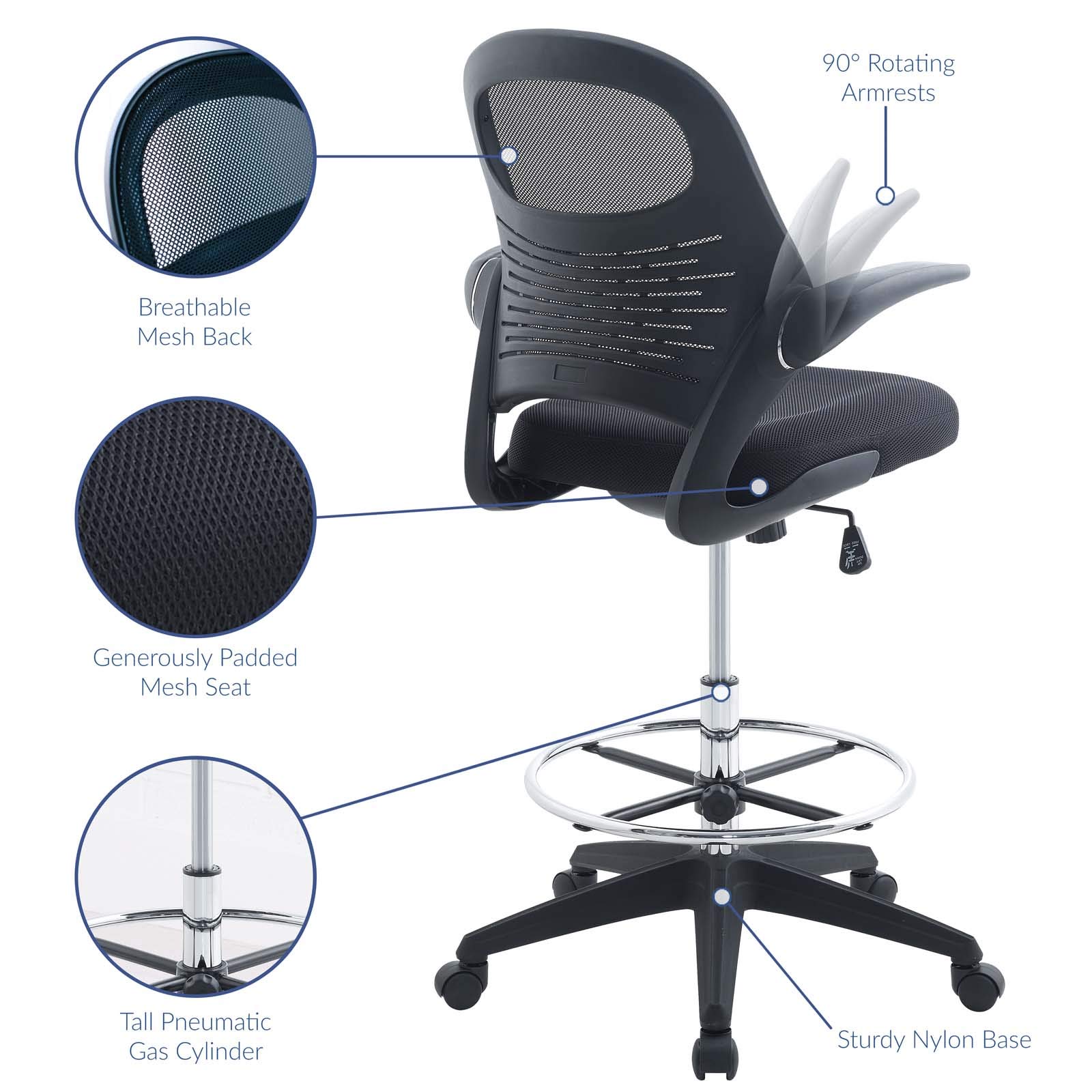 Modway Advance Drafting Stool - Reception Desk Chair - Drafting Table Chair - Flip-Up Arms in Black