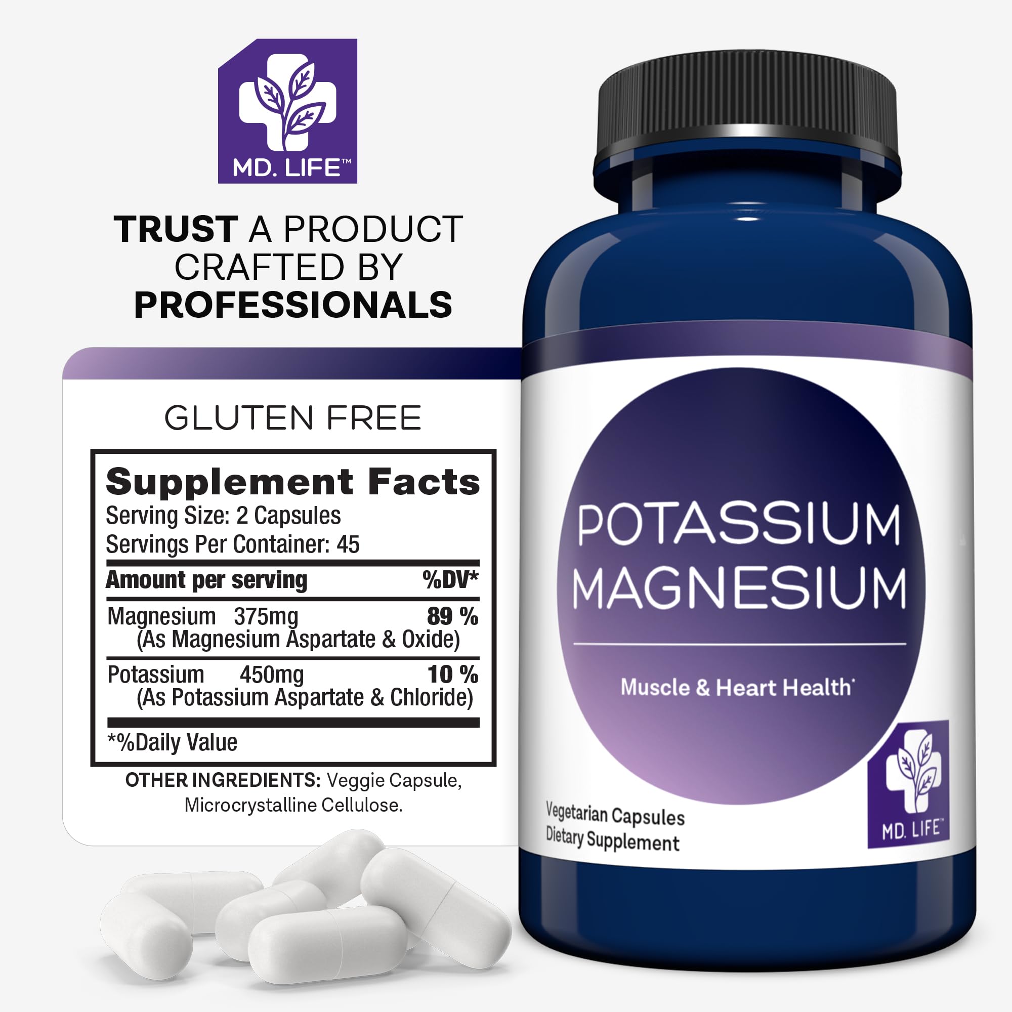 MD. Life Magnesium Potassium Supplement - 90 Capsules - High Absorption Magnesium Complex to Support Vascular Health & Leg Cramp 90cts
