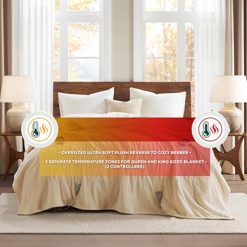 Woolrich Heated Plush to Berber Electric Blanket Throw Ultra Soft Knitted, Super Warm and Snuggly Cozy with Auto Shut Off and Multi Heat Level Setting Controllers, King: 100x90, Tan
