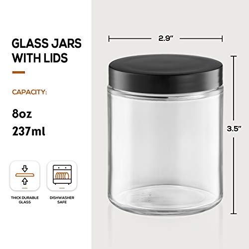 12 Pack, 8 OZ Thick Glass Jars with Lids, Clear Round Candle Jars with 12 Metal Lids & 12 Plastic Lids - Empty Food Storage Containers, Canning Jar For Spice, Powder, Liquid, Sample - Dishwasher Safe