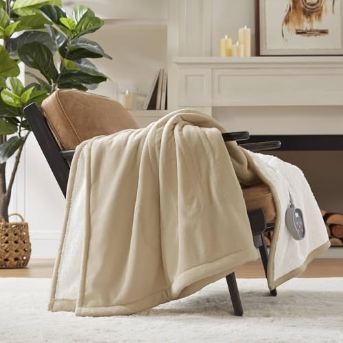 Woolrich Heated Plush to Berber Electric Blanket Throw Ultra Soft Knitted, Super Warm and Snuggly Cozy with Auto Shut Off and Multi Heat Level Setting Controllers, King: 100x90, Tan
