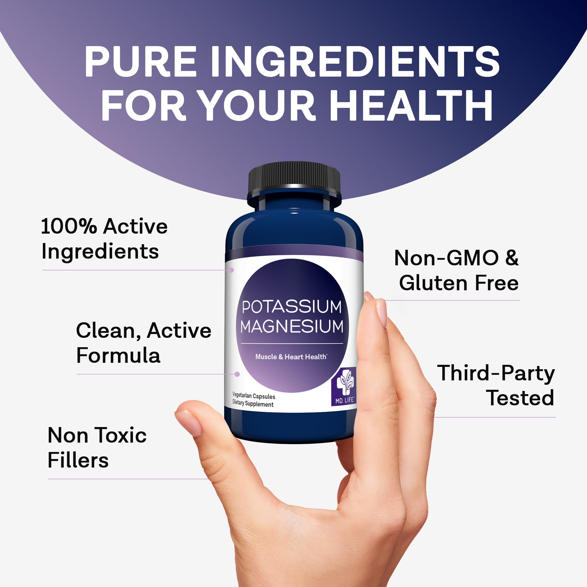 MD. Life Magnesium Potassium Supplement - 90 Capsules - High Absorption Magnesium Complex to Support Vascular Health & Leg Cramp 90cts