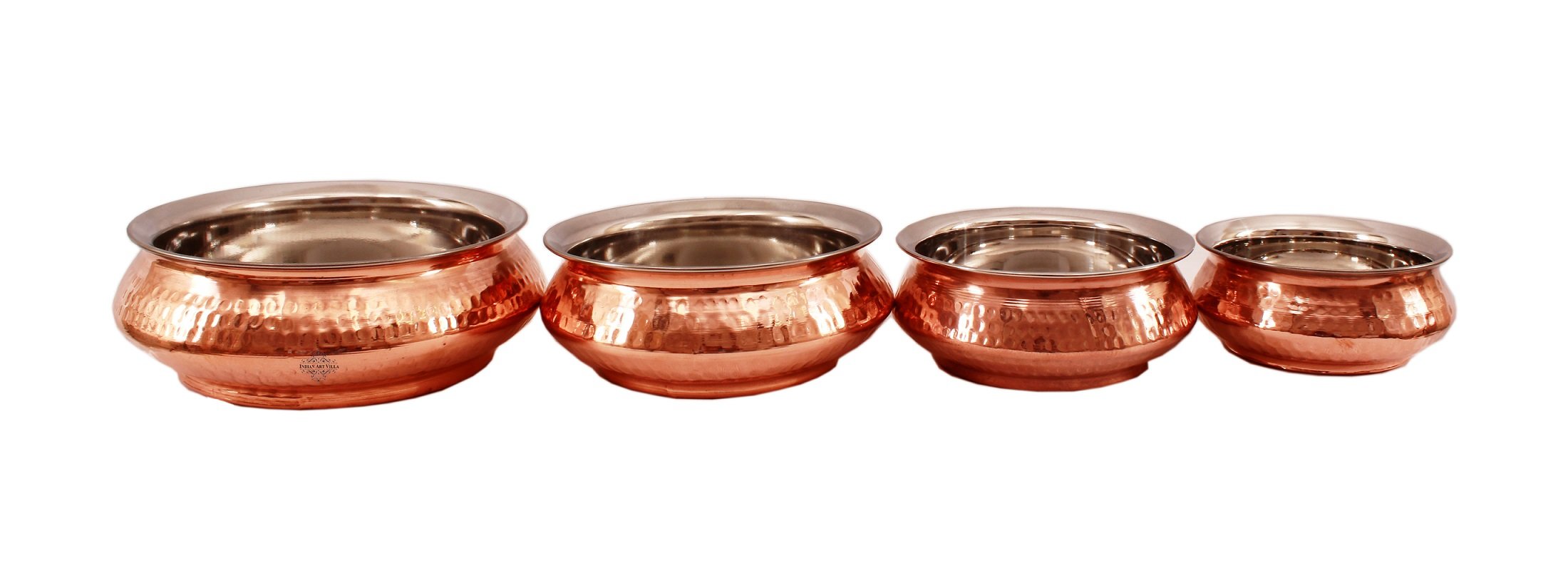 Indian Art Villa Handmade Set Of 4 Steel Copper Mughlai Handi Dish Serving Plat...