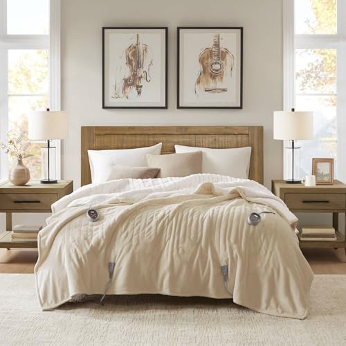 Woolrich Heated Plush to Berber Electric Blanket Throw Ultra Soft Knitted, Super Warm and Snuggly Cozy with Auto Shut Off and Multi Heat Level Setting Controllers, King: 100x90, Tan