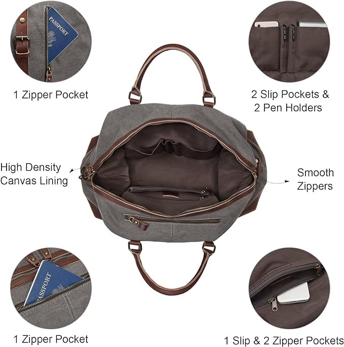 BLUBOON Canvas Overnight Bag Travel Duffel for Men and Women Weekender Tote (Dark Grey)