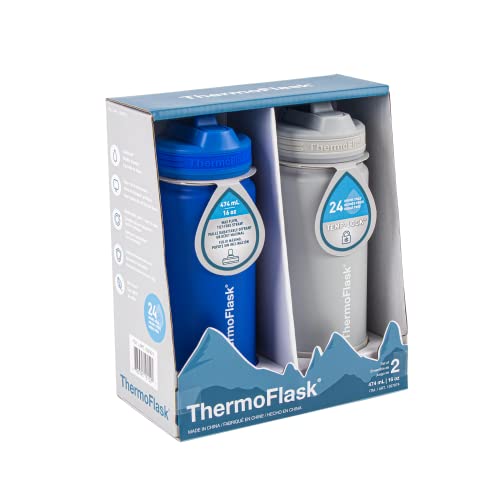 ThermoFlask Double Wall Vacuum Insulated Stainless Steel Kids Water Bottle with Straw Lid, 16 Ounce, 2-Pack, Blueberry/Wolf Grey