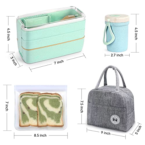 27 PCs Bento Box Lunch Box Kit, Stackable 3-in-1 Compartment Japanese Lunch Box Set w/ Soup Cup Sauce Can, Spoon Fork, Cake Cups, Fruit Picks, Snack Bags, Leakproof Lunch Container for kids and Adults