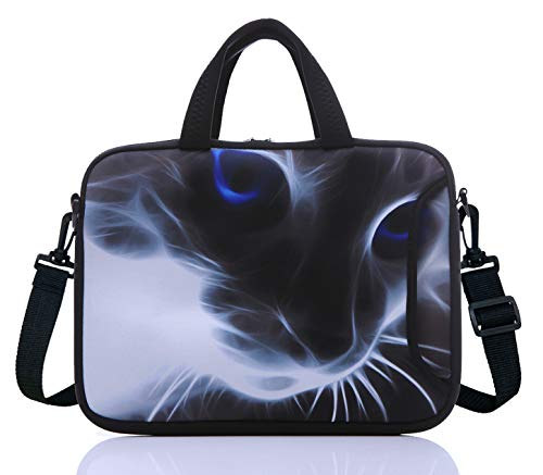 14 Inch Neoprene Laptop Sleeve Case Bag with shoulder strap For 14" Notebook/MacBook/Ultrabook/Chromebook (Grey cat with blue eyes)