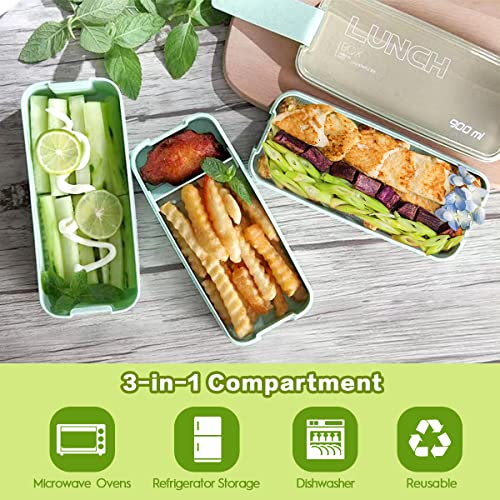 27 PCs Bento Box Lunch Box Kit, Stackable 3-in-1 Compartment Japanese Lunch Box Set w/ Soup Cup Sauce Can, Spoon Fork, Cake Cups, Fruit Picks, Snack Bags, Leakproof Lunch Container for kids and Adults