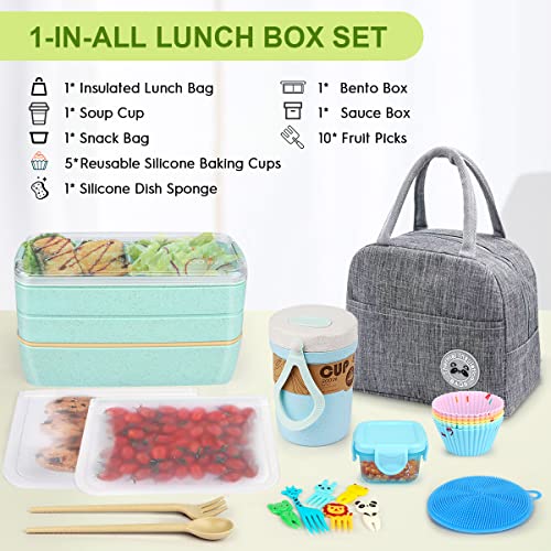 27 PCs Bento Box Lunch Box Kit, Stackable 3-in-1 Compartment Japanese Lunch Box Set w/ Soup Cup Sauce Can, Spoon Fork, Cake Cups, Fruit Picks, Snack Bags, Leakproof Lunch Container for kids and Adults