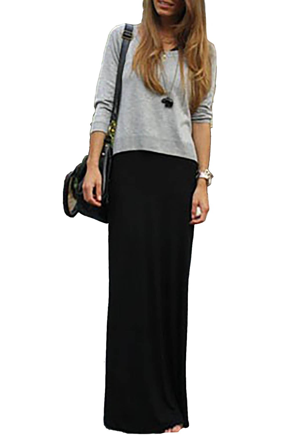 Vivicastle Women's Colorful Printed Fold Over Waist Long Maxi Skirt (Large, Solid Black)