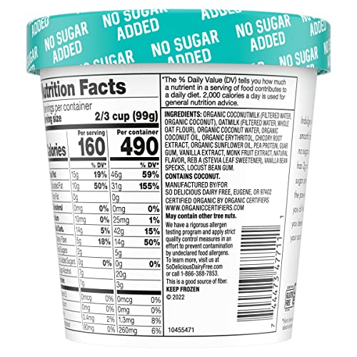 So Delicious Dairy Free Coconut Milk Frozen Dessert, Vanilla Bean, No Sugar Added, Vegan, Non-GMO Project Verified, 1 Pint
