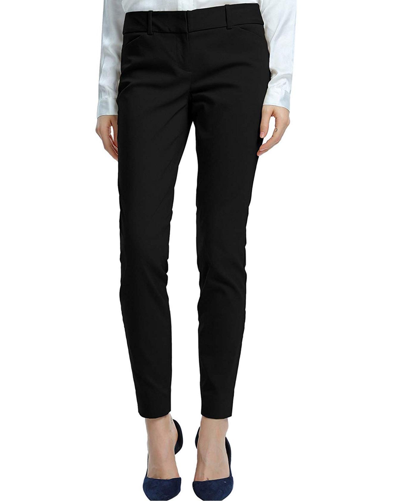 SATINATO Women's Straight Pants Stretch Slim Skinny Solid Trousers Casual Business Office Black