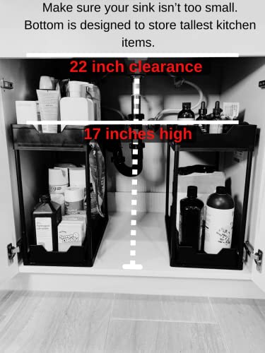 Under Sink Organizer and Storage (Top & Bottom Slide) | Bottom Fits Tall Items |2 Pack Kitchen Bathroom Sink Organizer Basket Storage with Dual Sliding Drawers - For Larger Sinks, Black