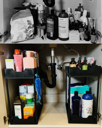 Under Sink Organizer and Storage (Top & Bottom Slide) | Bottom Fits Tall Items |2 Pack Kitchen Bathroom Sink Organizer Basket Storage with Dual Sliding Drawers - For Larger Sinks, Black