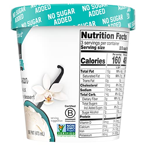 So Delicious Dairy Free Coconut Milk Frozen Dessert, Vanilla Bean, No Sugar Added, Vegan, Non-GMO Project Verified, 1 Pint