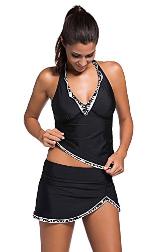 REKITA Womens Swimsuit Halter Tankini Top and Skort Bottom Set Bathing Suits