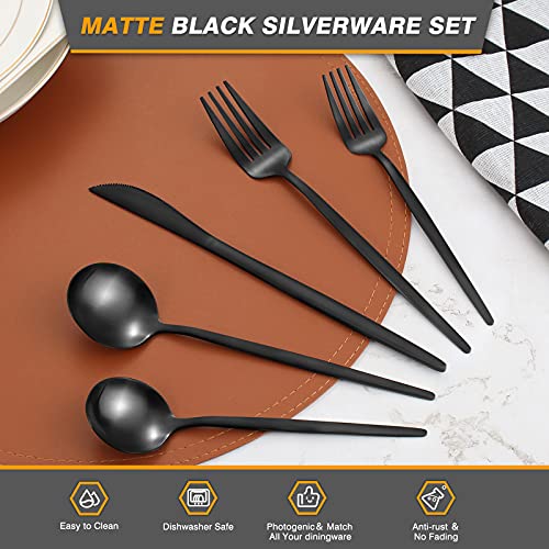 Oliviola 20 Pieces Silverware Set,Matte Black Stainless Steel Flatware Cutlery Set Service for 4, Stain Finish Kitchen Utensil Set,Include Dinner Knives Forks and Spoons Silverware, Dishwasher Safe