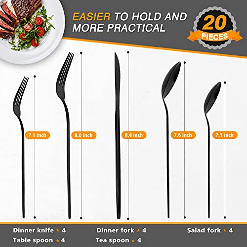 Oliviola 20 Pieces Silverware Set,Matte Black Stainless Steel Flatware Cutlery Set Service for 4, Stain Finish Kitchen Utensil Set,Include Dinner Knives Forks and Spoons Silverware, Dishwasher Safe
