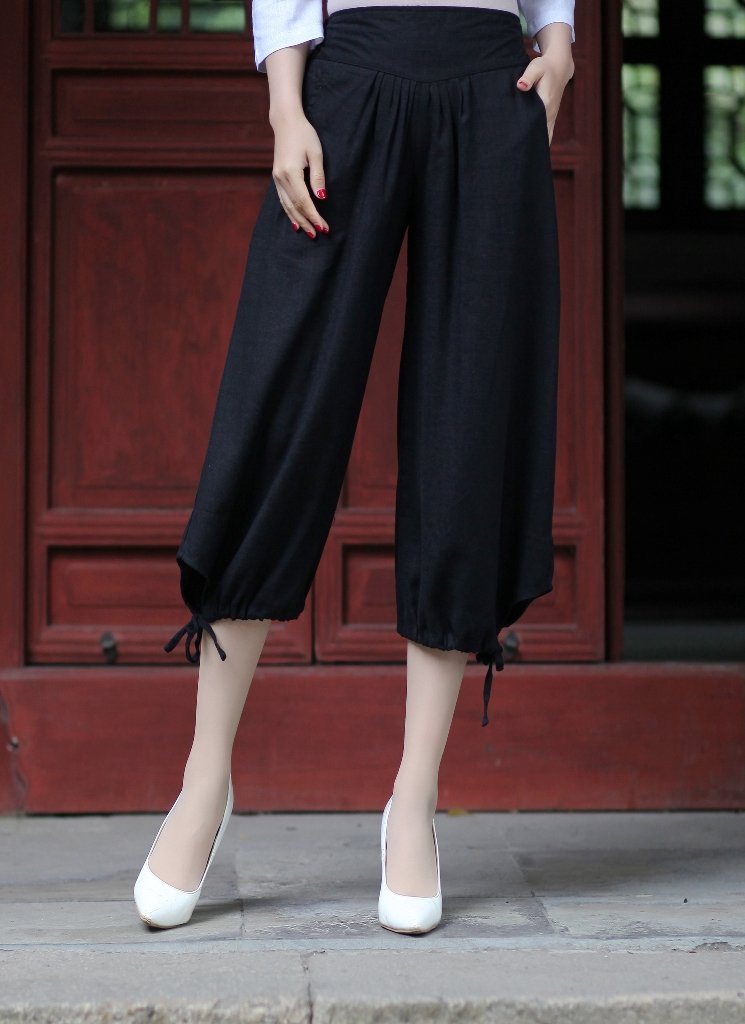 Shanghai Story Women Linen Elastic Waistband Wide Leg Capri Pants Black XL