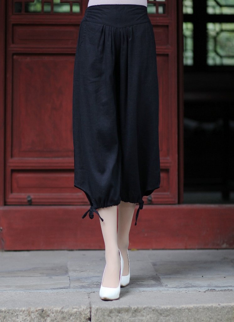 Shanghai Story Women Linen Elastic Waistband Wide Leg Capri Pants Black XL