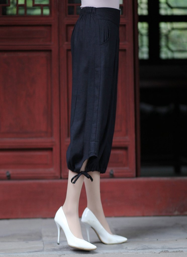 Shanghai Story Women Linen Elastic Waistband Wide Leg Capri Pants Black XL