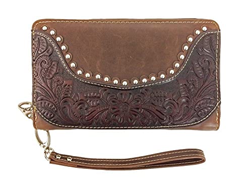 Montana West Ladies Wristlet Wallet 2-in-1 Western Tooled Genuine Leather Zippered Enclosure Brown